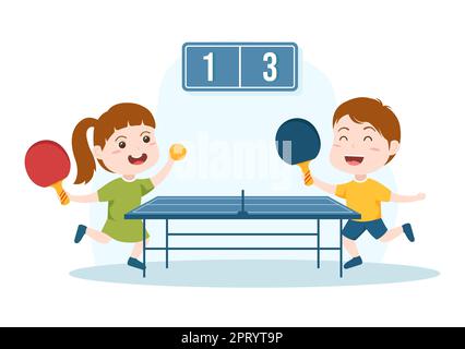 Cute Kids Playing Table Tennis Sports with Racket and Ball of Ping Pong ...