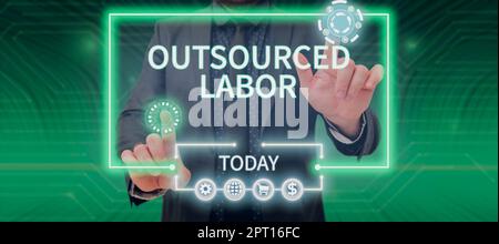 Hand writing sign Outsourced Labor. Business showcase storage or ...