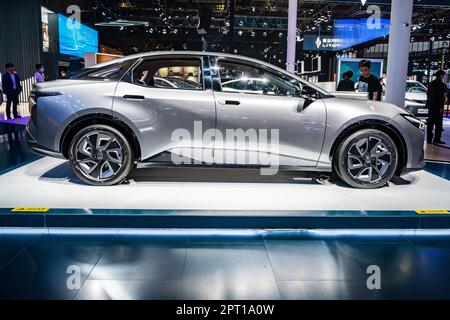 FAW Toyota bZ3 electric sedan built with BYD batteries and technology on display at the 2023 ...