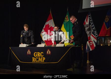 Melfort, Can. 27th Apr, 2023. RCMP Sgt. Audrey Soucy, speaks as the ...