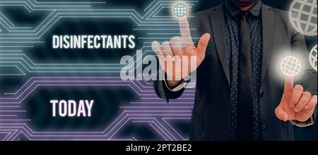 Conceptual caption Disinfectants. Word Written on chemical that destroy ...