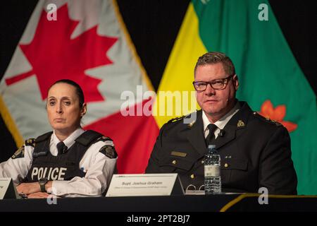 Melfort, Can. 27th Apr, 2023. RCMP Sgt. Audrey Soucy, speaks as the ...