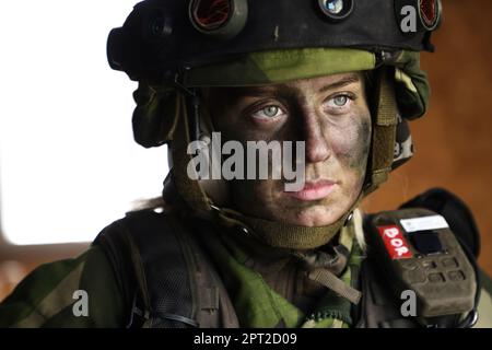 Swedish female soldier at STA MOUT, which is a combat training facility ...