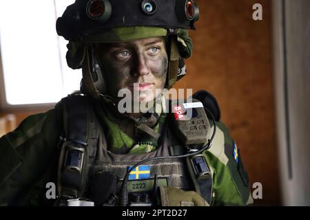 Swedish female soldier at STA MOUT, which is a combat training facility ...