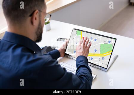 GPS Location Map Search On Laptop Computer Stock Photo - Alamy