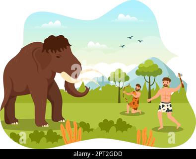 Prehistoric Stone Age Tribes Hunting Large Animals with Weapon in Flat ...