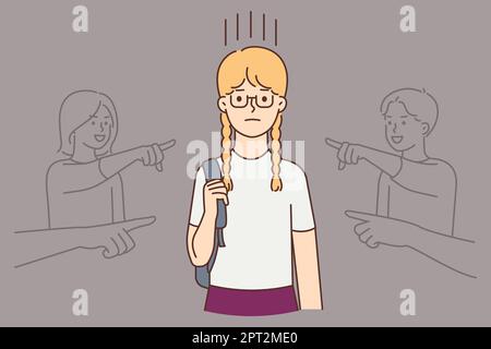 Aggressive children point at small girl laughing mocking her at school ...