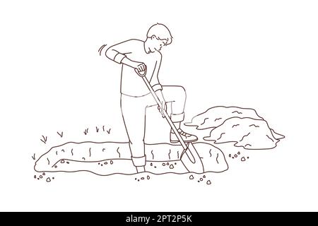 Young man digging grave. Unhappy male work on cemetery ground. Death ...