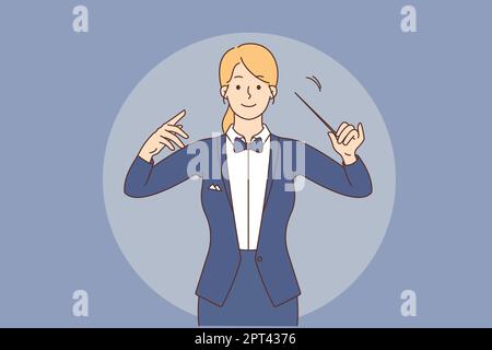 Female conductor with baton in hands working with orchestra. Woman ...