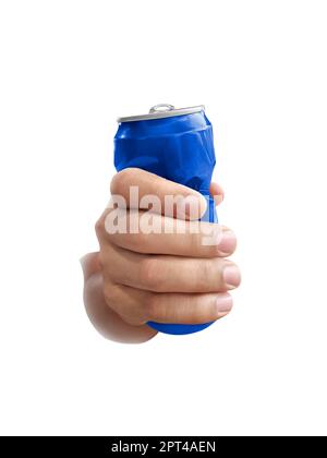 Compressed cans in hand isolated on white background Stock Photo - Alamy