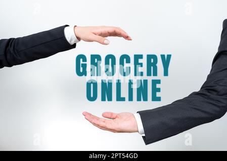Hand writing sign Grocery Online. Business showcase digital version of ...
