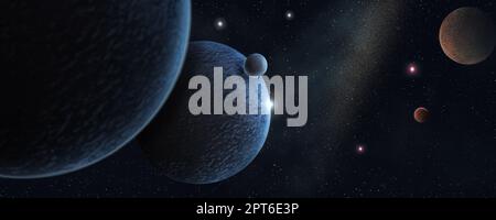 huge and small planets in outer space around an asteroid cluster Stock ...