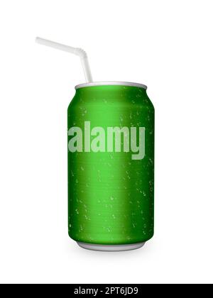 Aluminum can with the ring pull and straw. Isolated on a white Stock ...
