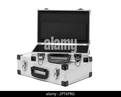 Set of metal suitcases of different sizes isolated on white background ...