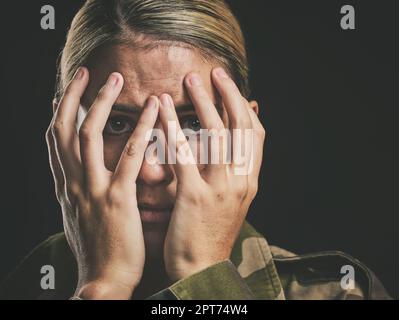 Crying, soldier trauma and face of sad woman with depression, military ...