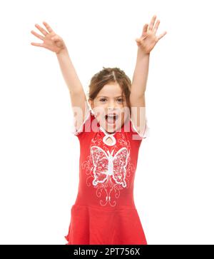 Yay. Cute little girl expressing excitement against a white background ...