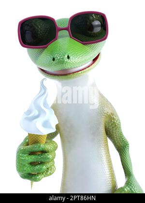 3D rendering of a cool green gecko or lizard shooting a party popper or ...