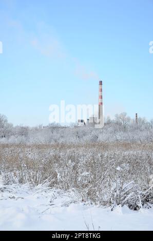 The industrial plant is located behind the swampy terrain, covered with ...