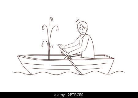 Stressed man rowing in boat see hole and water leaking. Unhappy ...