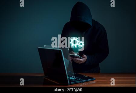 Hackers spy on cell phones. Concept of information security system in ...