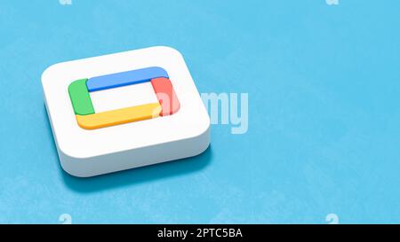 Google TV Logo 3D Symbol Shape on Wooden Floor Against Blue Wall with ...