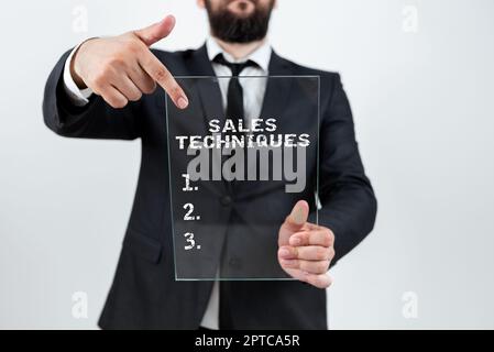 Text caption presenting Sales Techniques, Business overview looking for ...