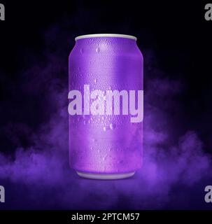 An unbranded freezing cold aluminum tin can with cold vapor an isolated ...