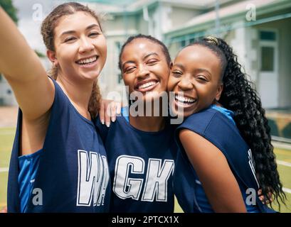 Sports, team and girl netball selfie, hug with fitness and college or ...