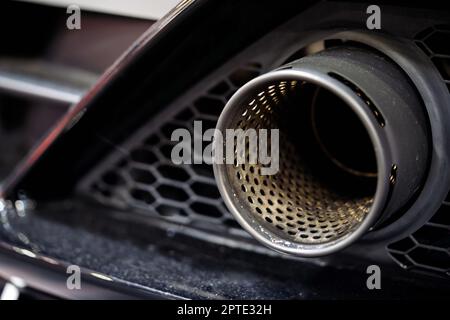 Rear view double pipe exhaust system exhaust pipes of sports car racing ...