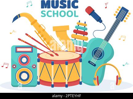 Music School Template In Hand Drawn Cartoon Flat Illustration Playing ...