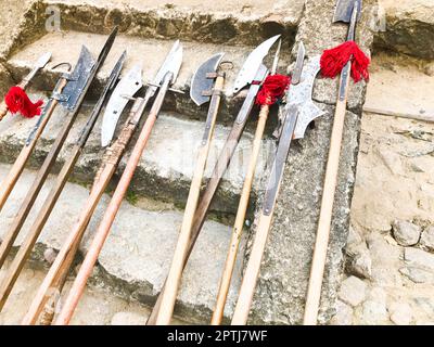 Ancient Viking weapons isolated on white background. Knives and leather ...