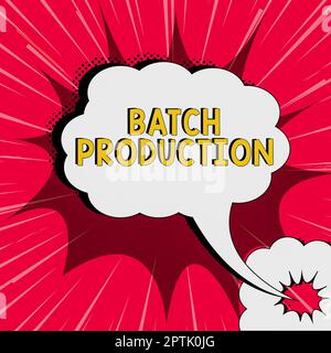 Writing displaying text Batch Production, Word Written on products are ...