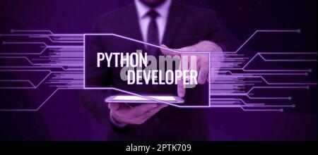 Text caption presenting Python Developer, Business overview responsible ...