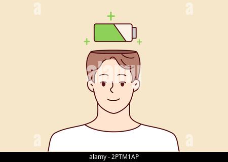Smiling man with battery above head charging to full capacity. Happy ...