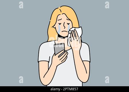 Unhappy woman look at cell screen crying Stock Vector Image & Art - Alamy