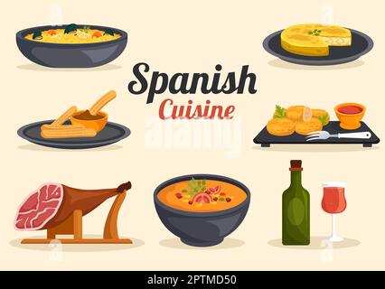 Spanish Restaurant Vector Illustration with Various of Food Menu ...