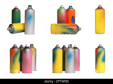 Set with used cans of spray paints on white background. Banner design ...