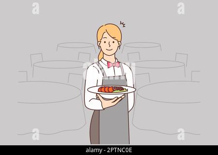 Smiling waitress in uniform serving meal in restaurant. Happy ...