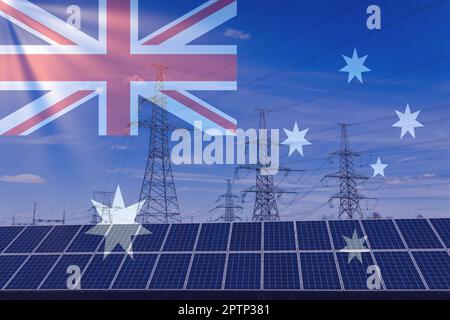 Australian flag with electric towers and solar panels. Energy supply in ...