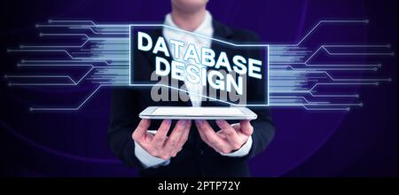 Hand writing sign Database Design, Business showcase organisation of data according to a ...