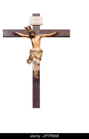Sign "I N R I" (Iesus Nazarenus Rex Iudaeorum) on a religious sculpture ...