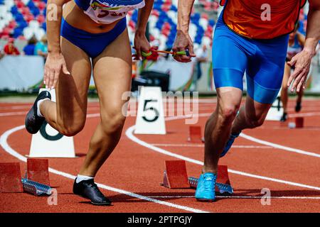 female blind para athlete runner with male guide start running race ...