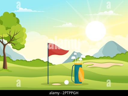 Golf Sport Illustration with Flags, Cart, Sticks, Green Field and Sand ...