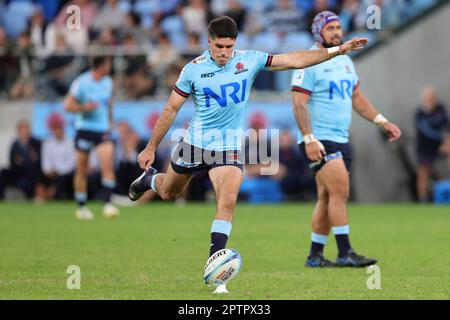 Ben Donaldson of the Waratahs kicks a conversion during the Super Rugby ...