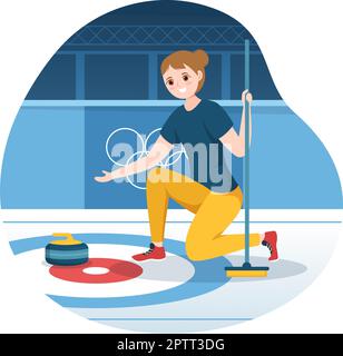Curling Sport Illustration with Team Playing Game of Rocks and Broom in ...