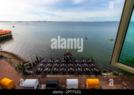 Elevated view of Sandakan Waterfront, Pacifc Ocean, Borneo, Sabah, East ...