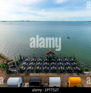 Elevated view of Sandakan Waterfront, Pacifc Ocean, Borneo, Sabah, East ...