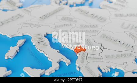 Montenegro highlighted on a white simplified 3D world map. Digital 3D ...