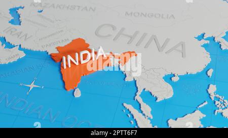 India highlighted on a white simplified 3D world map. Digital 3D render ...