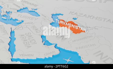 Turkmenistan highlighted on a white simplified 3D world map. Digital 3D ...
